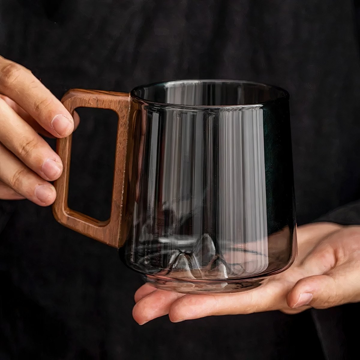 Smoked glass slanted coffee mugs with walnut handle